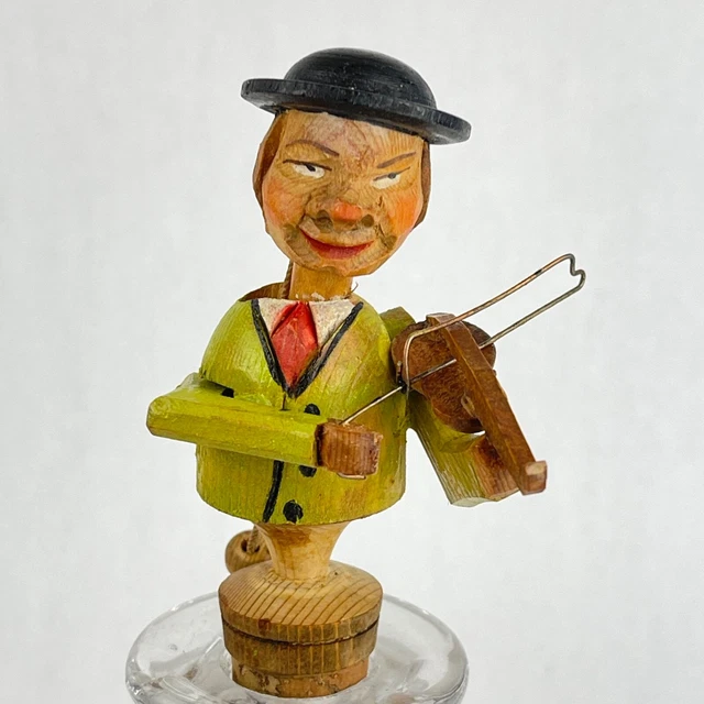 VINTAGE ANRI CARVED Wooden Mechanical Moving Bottle Stopper Man Playing ...