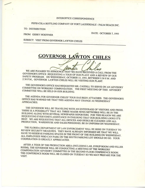 AUTOGRAPHIÉ BUREAU MEMO Par Floride Gouverneur Lawton Chiles 1993 EUR 22,56 - PicClick FR