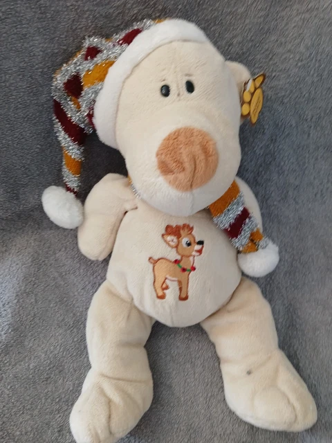 POSH PAWS CREAM Teddy Bear Reindeer On Belly Tinsel Knit Hat & Scarf ...