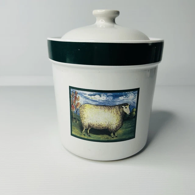 COUNTRY SHEEP &GREEN& Vintage Woolly Ewe Canister Ceramic Pot (16cm ...