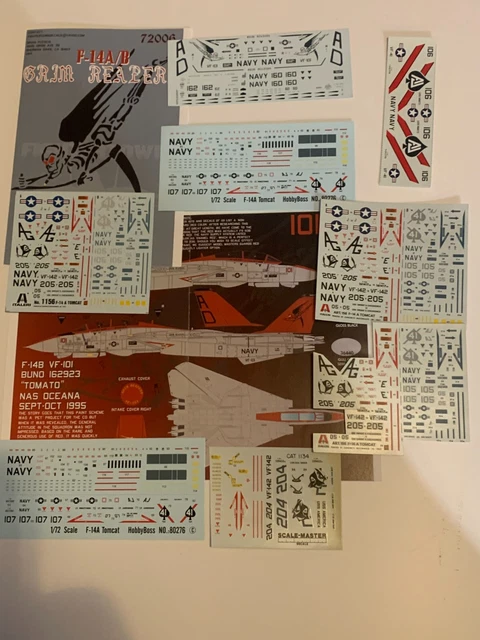 1/72 F-14 TOMCAT - Various Used Decal Sheets - inc VF-41 & VF-101 'Grim ...