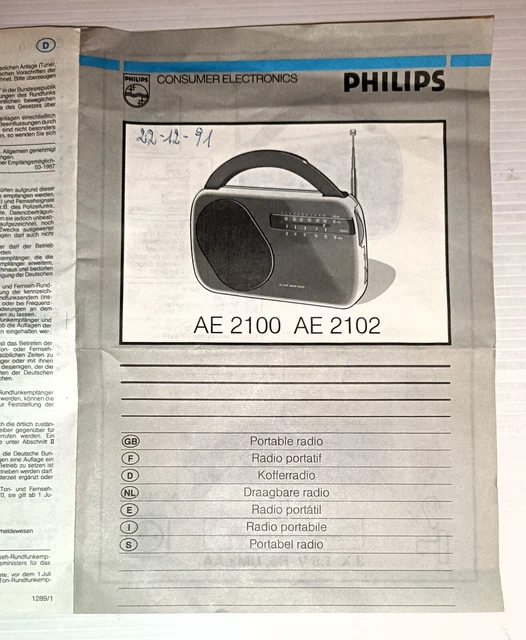 MANUALE ISTRUZIONI RADIO Philips Ae 2100 Ae 2102 1990 Depliant EUR 15 ...