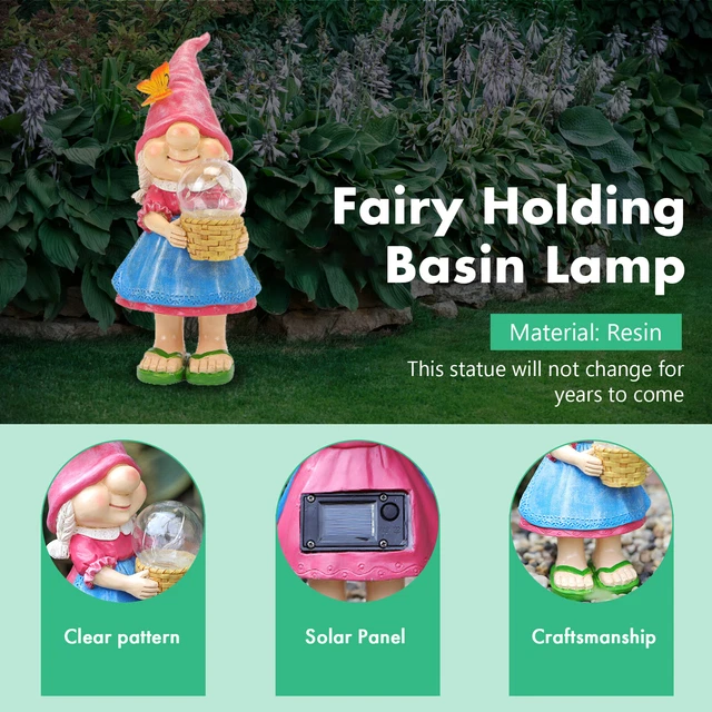 SOLAR ELF GNOME Statue Art with Light Resin Garden Dwarf Ornament Home ...