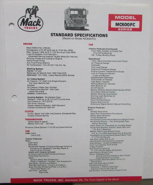 1988 MACK TRUCKS Model MC600FC Series Standard Specifications Sheet ...
