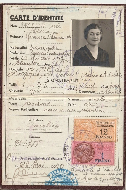 ANCIENNE CARTE D’IDENTITÉ 1940; Blosseville (76) née 1892 EUR 9,50 - PicClick FR