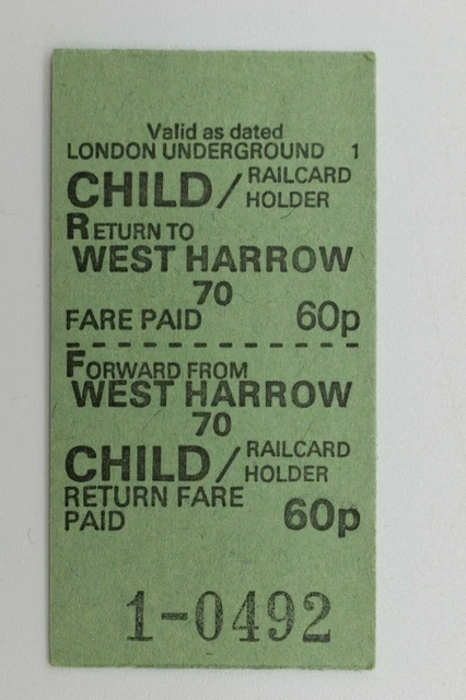 LONDON UNDERGROUND RAILWAY Ticket 0492 West Harrow 70 Child £3.00 ...