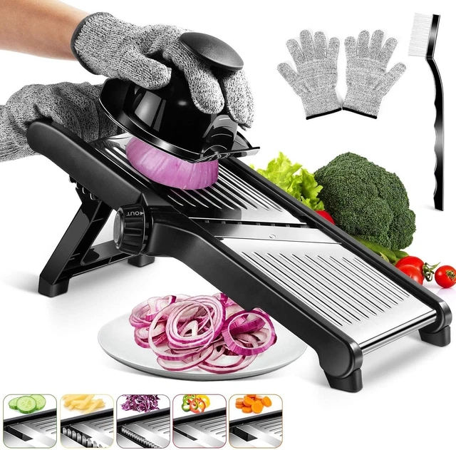 FOOD SLICER ADJUSTABLE 3-in-1 Mandoline Stainless Steel Blades & Safety ...
