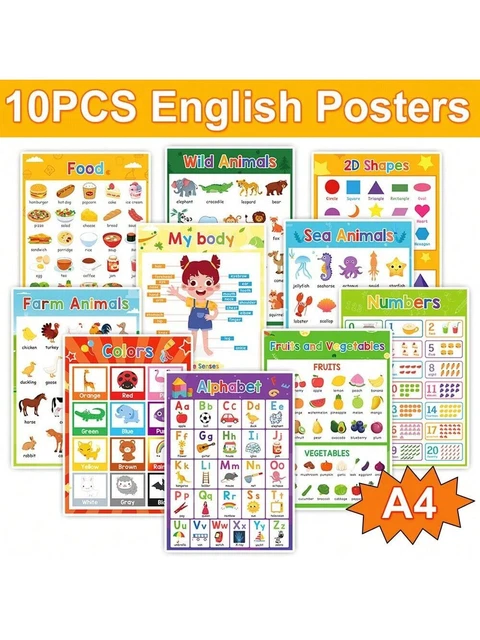 10 COLORFUL ENGLISH Educational Poster for Toddlers Early Posters Wall ...