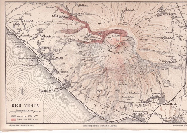 &ORIGINAL HISTORISCHE KOLORIERTE Landkarte: Der Vesuv, Maßstab 1 : 1.75 ...