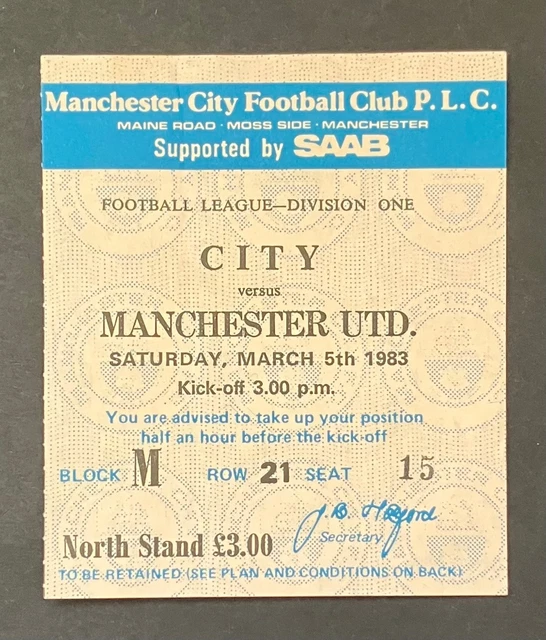 MANCHESTER CITY V Manchester United - 1982/83 - Match Ticket - 43 years ...