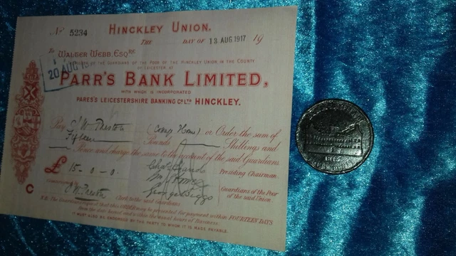 WORKHOUSE CURRENCY; LARGE 3d coin & Large cheque 1813 & 1917. Original ...