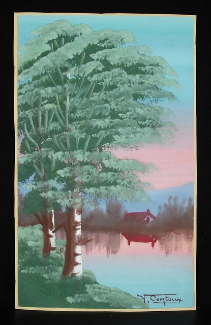 YVES COMTOUX DESSIN original aquarelle signée arbes au bords d'un lac ...