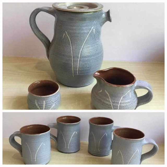LOCH TAY POTTERY Andy Burt Studio Pottery Blue Coffee Pot Mugs X4 Milk ...