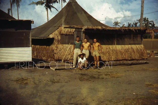 KODAK SLIDE 1950S Red Border Kodachrome Shirtless Men Straw Hut Mass ...