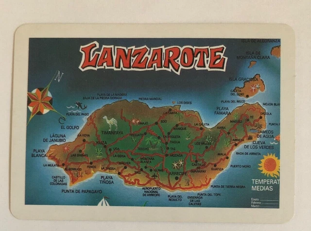 LANZAROTE ATLANTIC OCEAN Island Spain Spanish Tourist Map Swap Playing ...