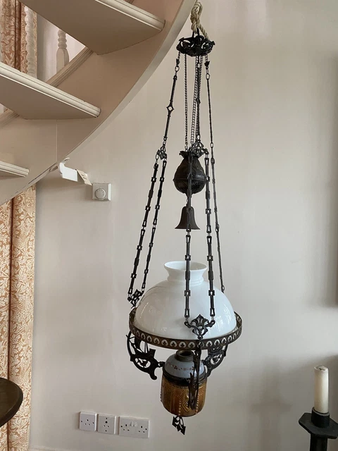 STUNNING ANTIQUE 19TH Century Cast Iron Rise And Fall Ceiling Oil Lamp ...