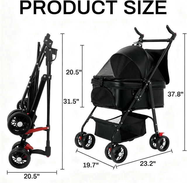 PET STROLLER WITH 4 Wheels，cat and dog stroller with detachable ...