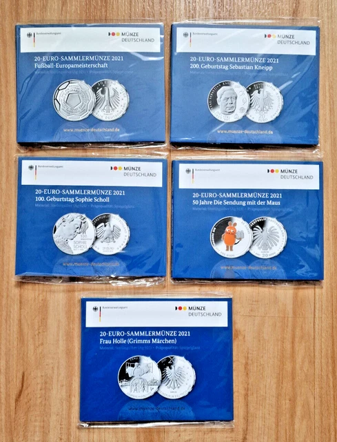 20 EURO SAMMLERMÜNZEN aus 2021 - 925 Silber - 5 Stück - NEU - im Blister - STGL EUR 150,00 ...