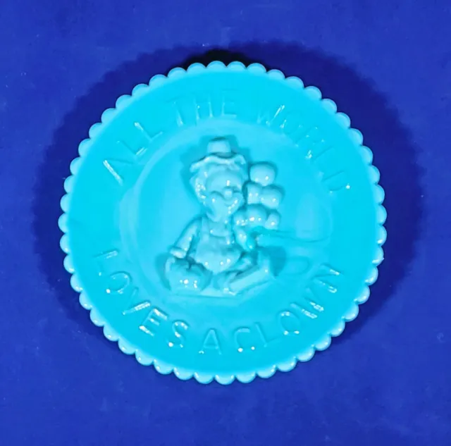 MOSSER GLASS PEE Wee Plate Turquoise Slag All The World Loves A Clown ...
