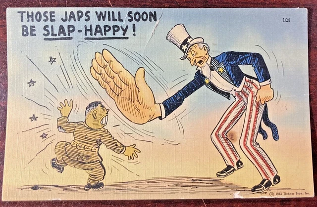 RARE VINTAGE 1942 WWII Uncle Sam Tojo Propaganda Tichnor Bros Postcard ...