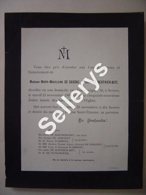 FAIRE PART DÉCÈS Marie Madeleine de CAISSAC Baronne de Berthier-Bizy 1899 Nevers £21.27 ...