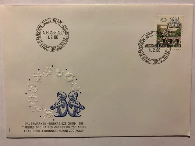 SWISS 1986 FDC FIRST DAY LETTER - permanent stamps, zodiac sign, twin £ ...