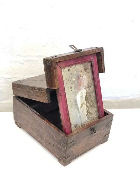 VINTAGE WOODEN VANITY Shaving Box With Mirror Original Old Hand Crafted ...