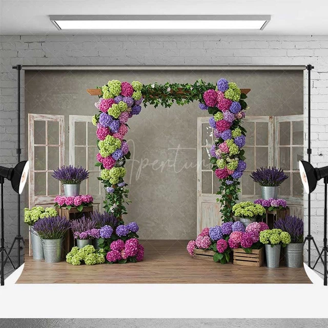 COLORFUL HYDRANGEA WEDDING Arch Photography Backdrop, Rustic Doors with ...