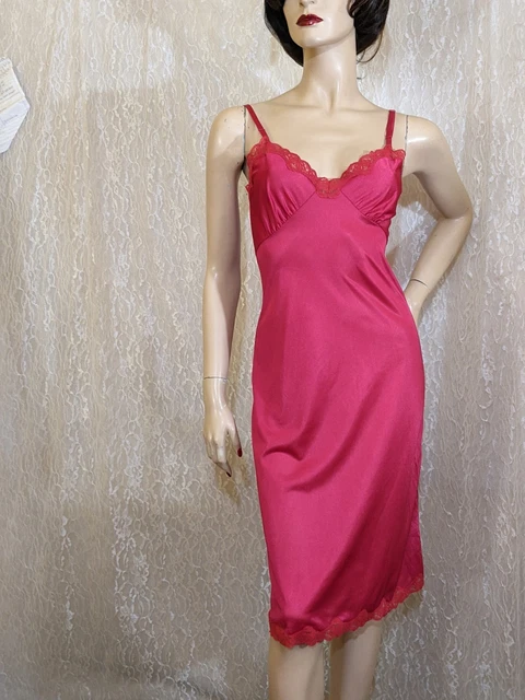 VINTAGE RASPBERRY PINK Lingerie Full Dress Slip Lace Nylon Formed Cups ...