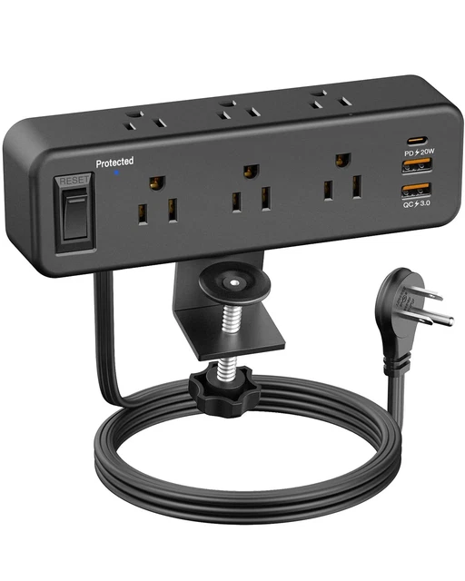 DESK CLAMP POWER Strip with PD 20W USB C, Desktop Edge Mount Surge ...