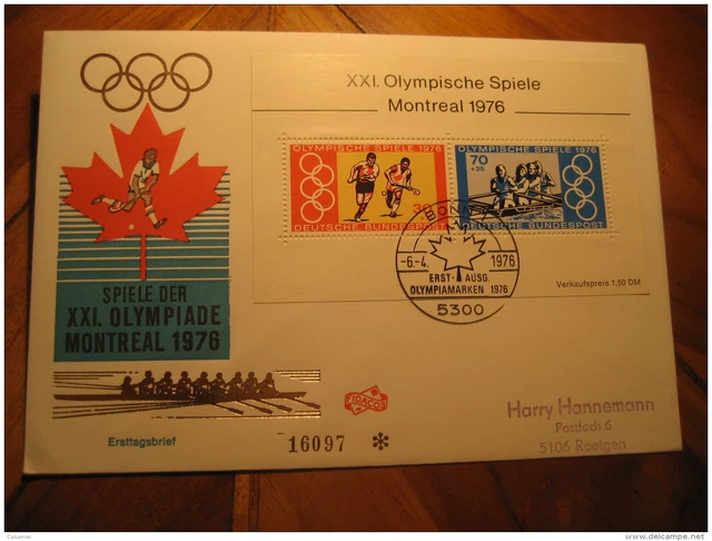MONTREAL 1976 OLYMPIC Games Olympics Grass Hockey Rowing BONN 1976 FDC Cancel Bl EUR 4,38 ...