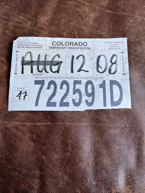 2008 COLORADO TEMPORARY License Plate paper Temp TAG # 722591 D $9.95 ...
