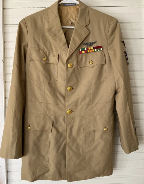 US NAVY VINTAGE Khaki Dress Coat Aviation AQC CPO Military Uniform £45. ...
