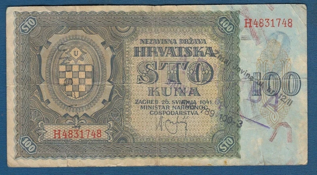 100 KUNA 1941. Croatia Kroatien banknoten NDH WW2 stamp UNISTITI ...