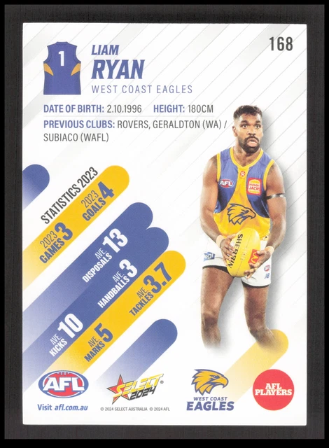 AFL 2024 SELECT West Coast Eagles Liam Ryan 168 Card CB-1-9-A-4 £1.36 - PicClick UK