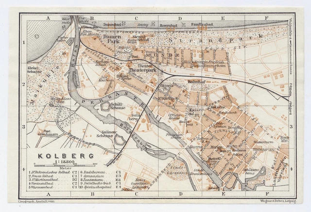1914 ANTIQUE MAP Of City Of Kolberg Kołobrzeg Pomerania Pommern ...