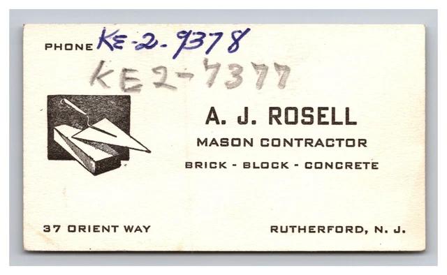 VINTAGE AJ RUSSELL Mason Contractors Rutherford NJ Business Card $10.48 ...