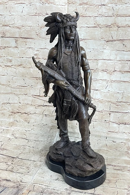 SIGNED NATIVE AMERICAN Indian Chief Bronze Marble Base Figurine Figure ...