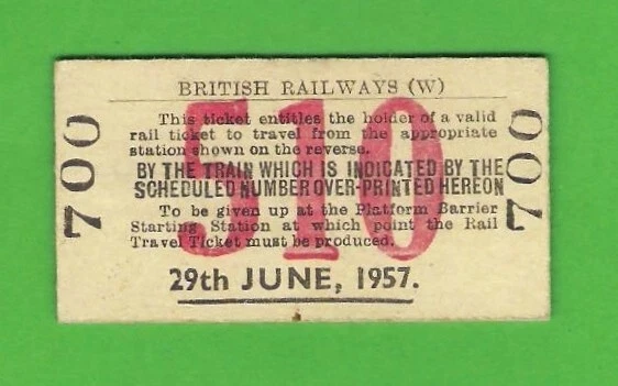 BRITISH RAILWAYS TICKET - BR(W) Boarding Pass - Train 510: Paignton ...