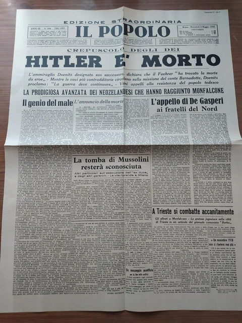 MORTE DI HITLER Il Popolo 2 Maggio 1945 Fine Del Nazismo Germania ...