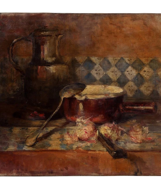 TABLEAU ANCIEN NATURE morte à l'ail et à la casserole fin XIXe siècle ...