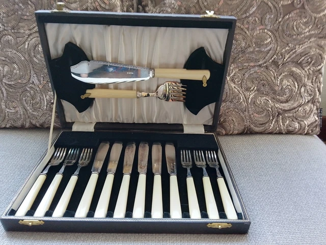 VINTAGE SILVER plate and bone ivory fish 6-piece set in original box £ ...