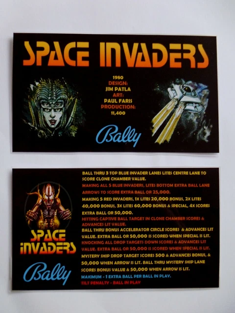 SPACE INVADERS' Bally 1980 Custom Instruction/Apron Cards * * (New) £8.52 - PicClick UK