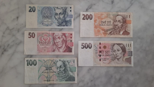 5 OLD BANKNOTES Czech Republic Czechia 20-50-100-200-500 Korun Lot Set ...