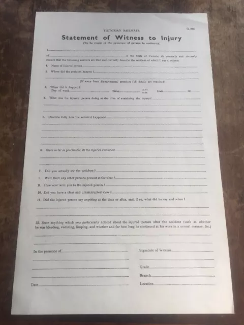 VINTAGE VICTORIAN RAILWAYS Statement Of Witness Injury Ticket Rare Form ...