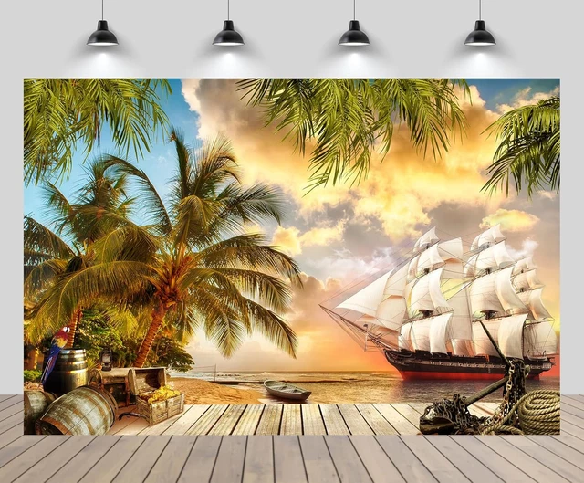 6X6FT PIRATE SHIP Backdrop Tropical Island Beach Palm Trees Wooden ...