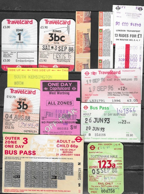 BUS TRAIN TICKETS, 11 No. LONDON TRANSPORT, Seasons, Travelcards, Etc £ ...