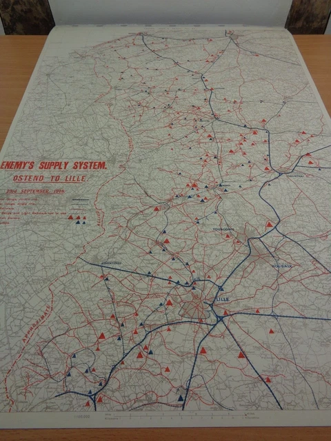 WW1 BRITISH INTELLIGENCE MAP entitled "ENEMY'S SUPPLY SYSTEM" (OSTEND ...