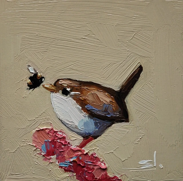 WREN OIL PAINTING Vivek Mandalia Impressionism 8X8 Collectible Signed ...