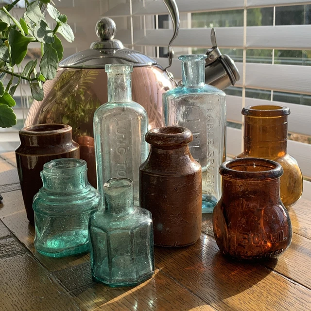 VINTAGE VICTORIAN INK Pots, Stoneware Ink Bottles & Glass Medicine ...